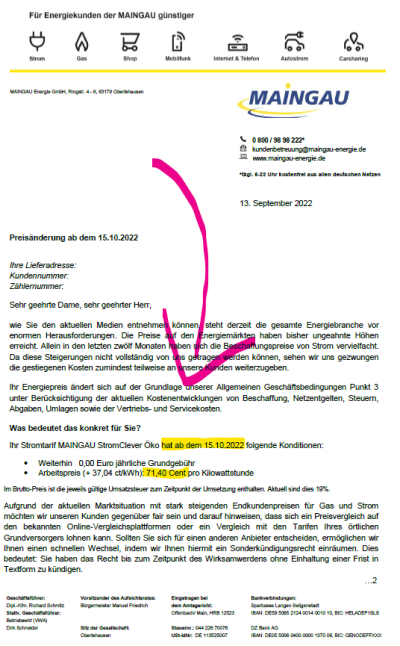 Maingau Preiserhöhung 2022 auf über 70 Cent/kWh