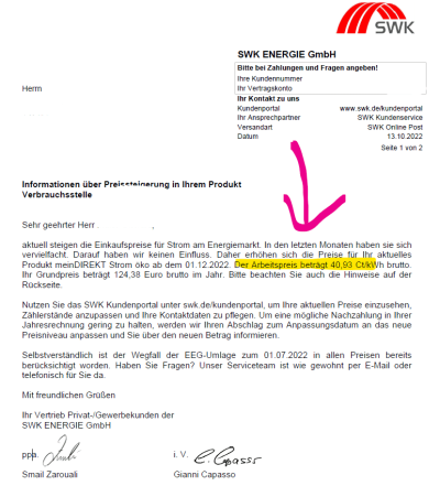 SWK Preiserhöhung in 2022: Erhöhung auf 41 Cent/kWh